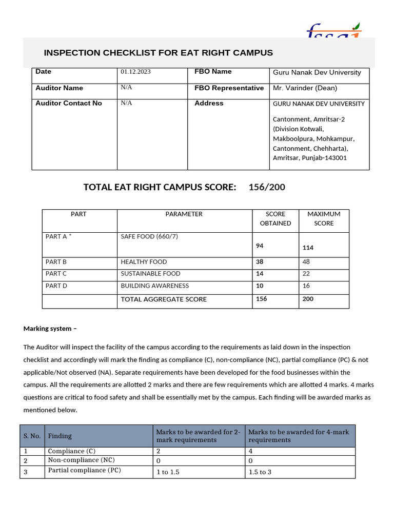FSSAI Report - ERC Pre Audit | PDF | Food Safety | Hygiene