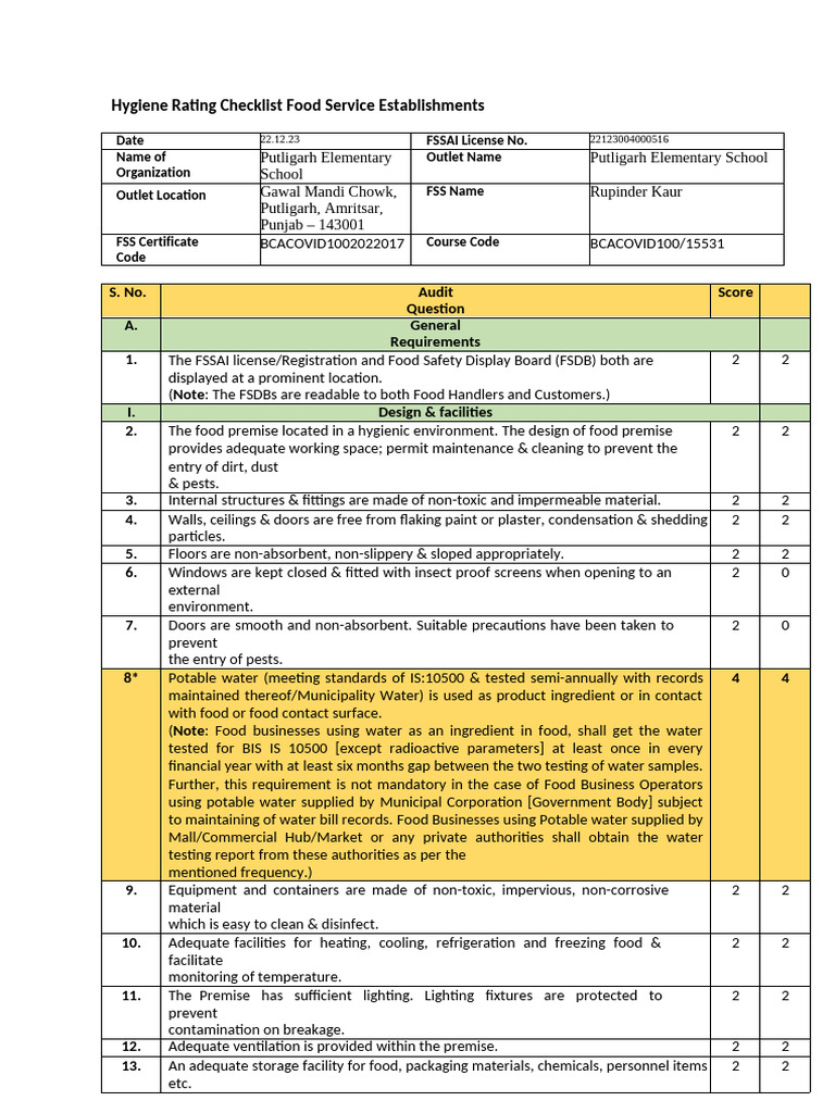 Food Service Hygiene Rating Checklist | PDF | Hygiene | Food Safety