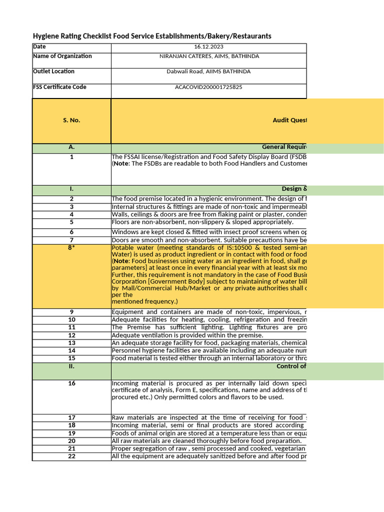 Aims Canteen - Hygiene Rating Checklist | PDF | Food Safety | Hygiene