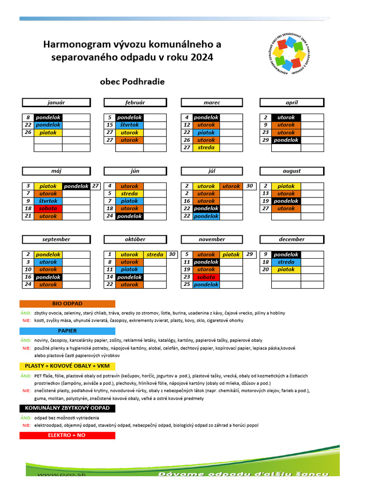 Harmonogram Vývozu Odpadu Podhradie Rok 2024 Aj Druhá Strana | PDF