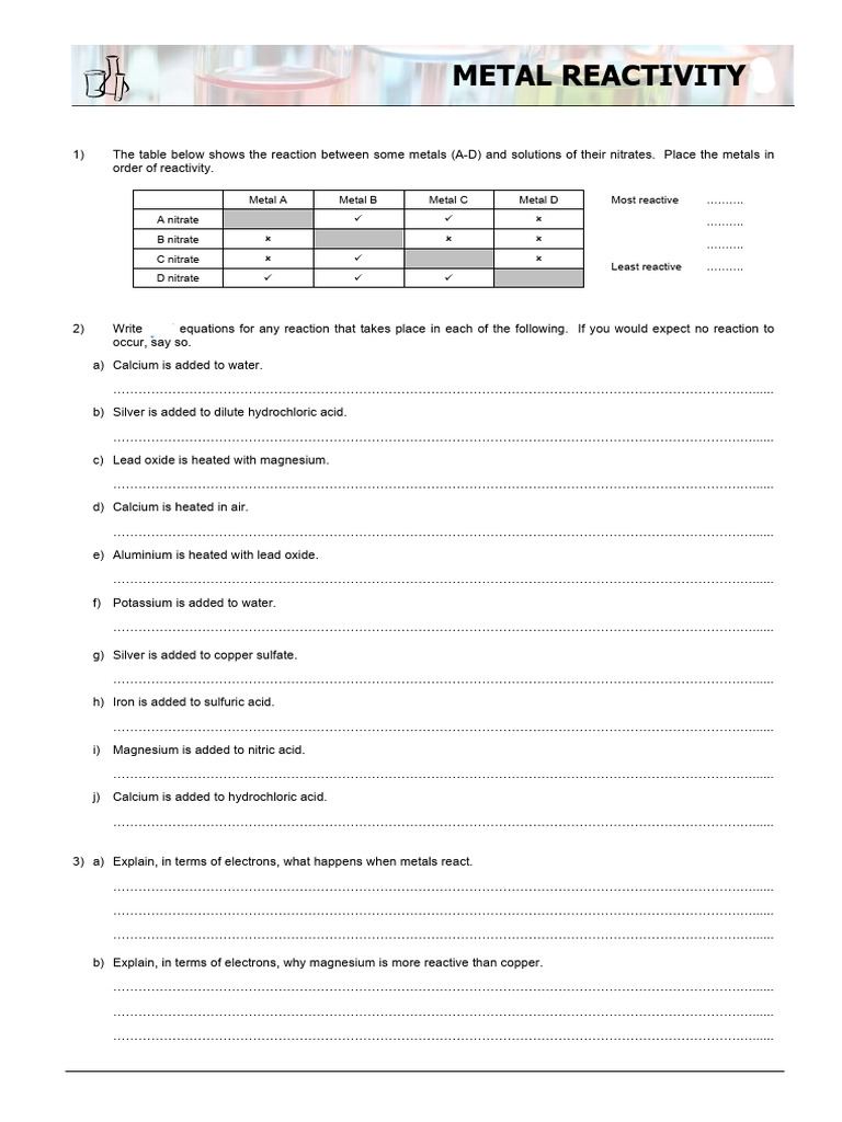 Metal-reactivity Practice sheet 2 (1) | PDF | Redox | Magnesium