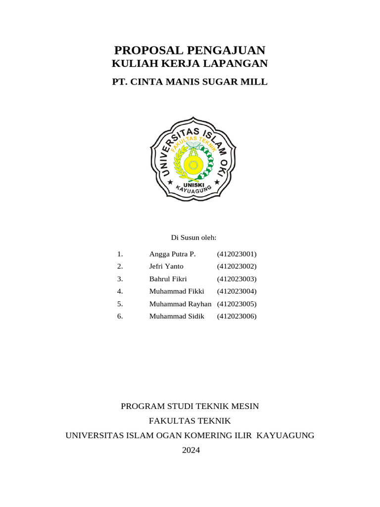 Proposal KKL Smstr 2 T. Mesin PT. Cinta Manis Sugar Mill-1 (3) | PDF