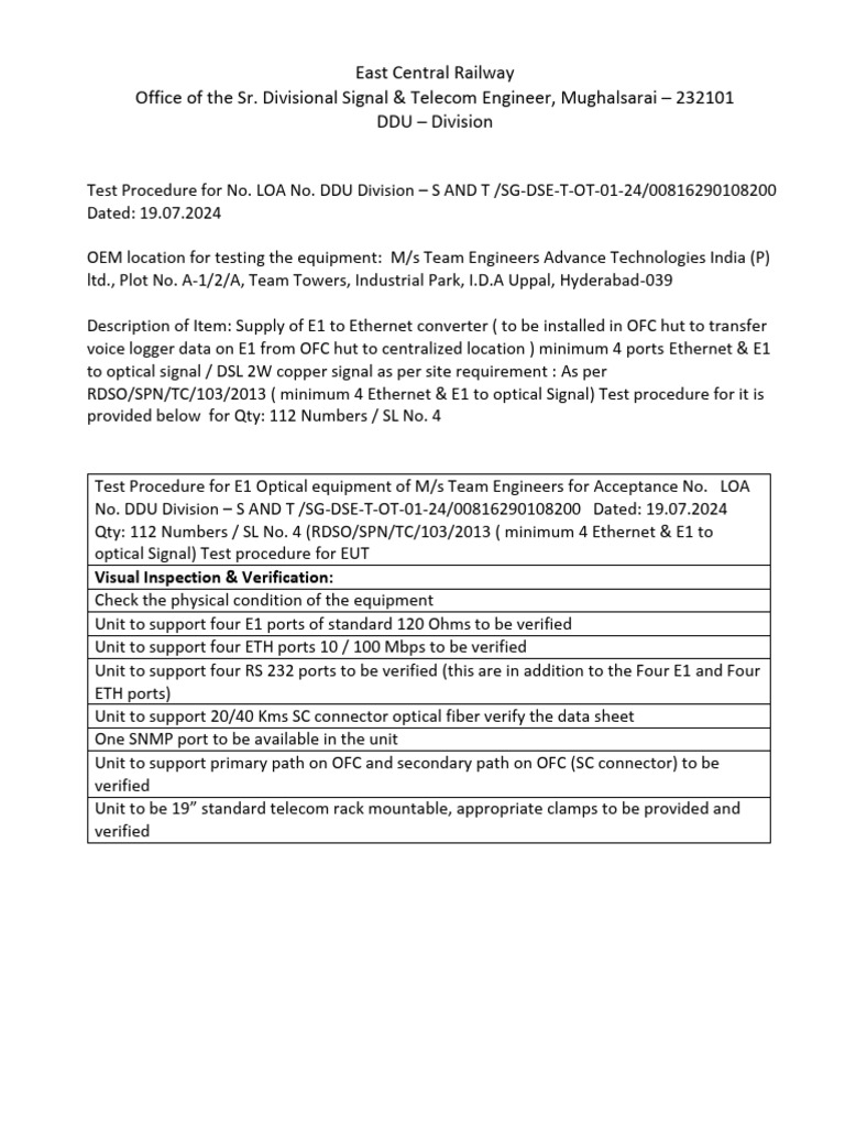 ECR DDU Test Procedure LE - E1 Optical-1-1 | PDF | Optical Fiber ...