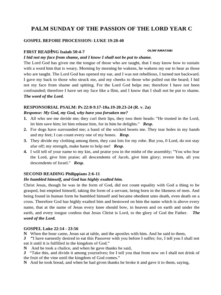 Passion Sunday (Palm Sunday) Year C. | PDF | Jesus | Pontius Pilate