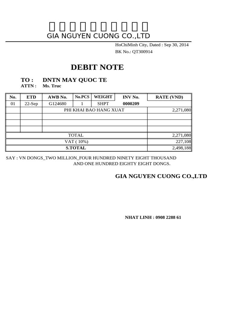 Debit Notes for DNTN May Quoc Te | PDF