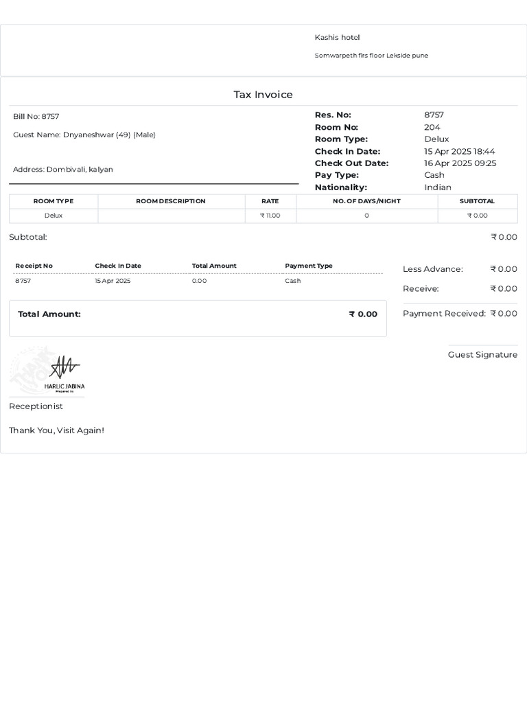 Hotel Bill Template 1 | PDF