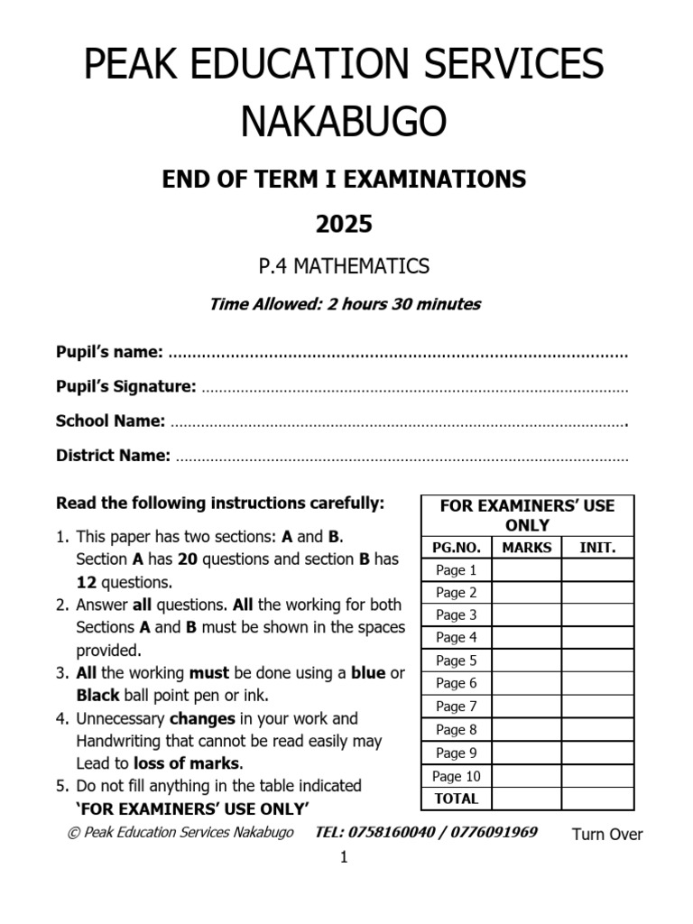 P.4 Mathematics End of Term Exam 2025 | PDF | Mathematics | Arithmetic