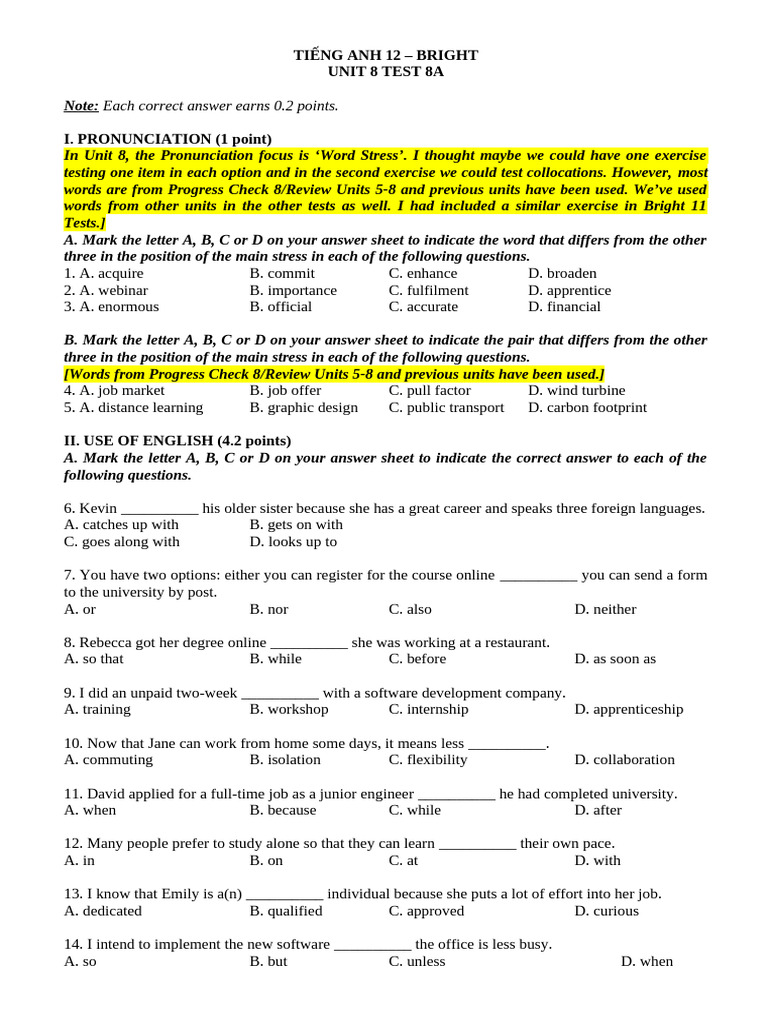 Unit 8 Test 8A - Bright 12 | PDF | Bbc | Learning