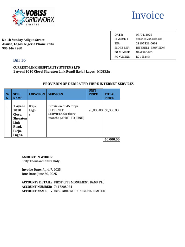 Invoice for Fibre Internet Services | PDF