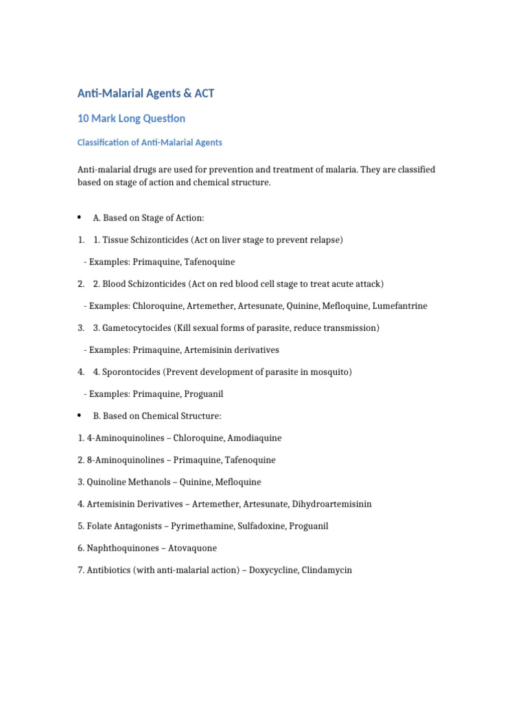 Anti-Malarial Agents ACT BSC Nursing 10marks | PDF