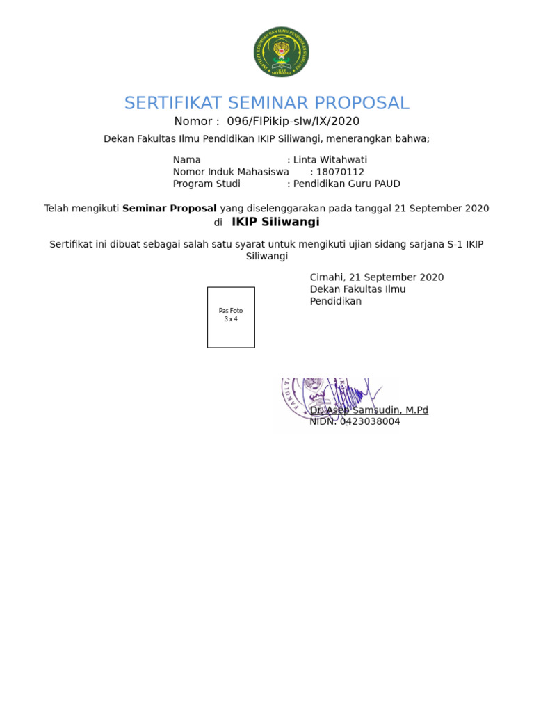 SERTIFIKAT SEMINAR PROPOSAl 2022 | PDF