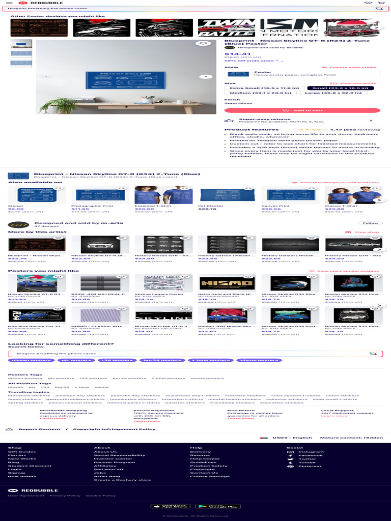 Blueprint - Nissan Skyline GT-R (R34) Z-Tune (Blue) Poster For Sale by ...