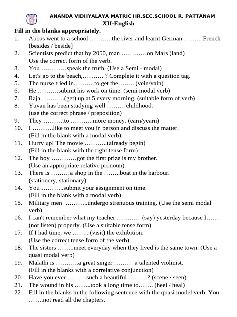 English Grammar Fill-in-the-Blanks Exercise | PDF | Verb | Grammar