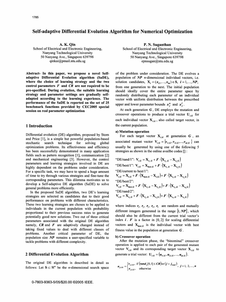 Self-Adaptive Differential Algorithm Optimization: Evolution For Numerical | PDF | Mathematical ...