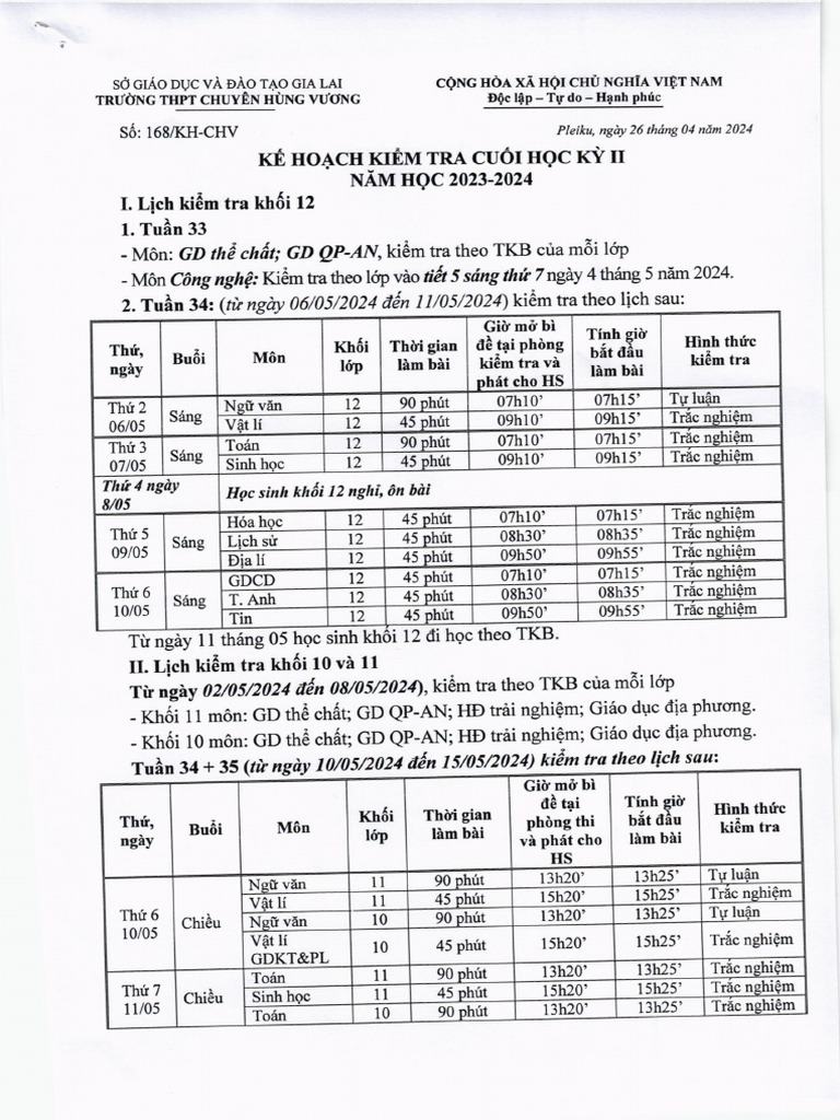 Ke Hoach Kiem Tra Cuoi Hkii Nam Hoc 2023-2024 | PDF