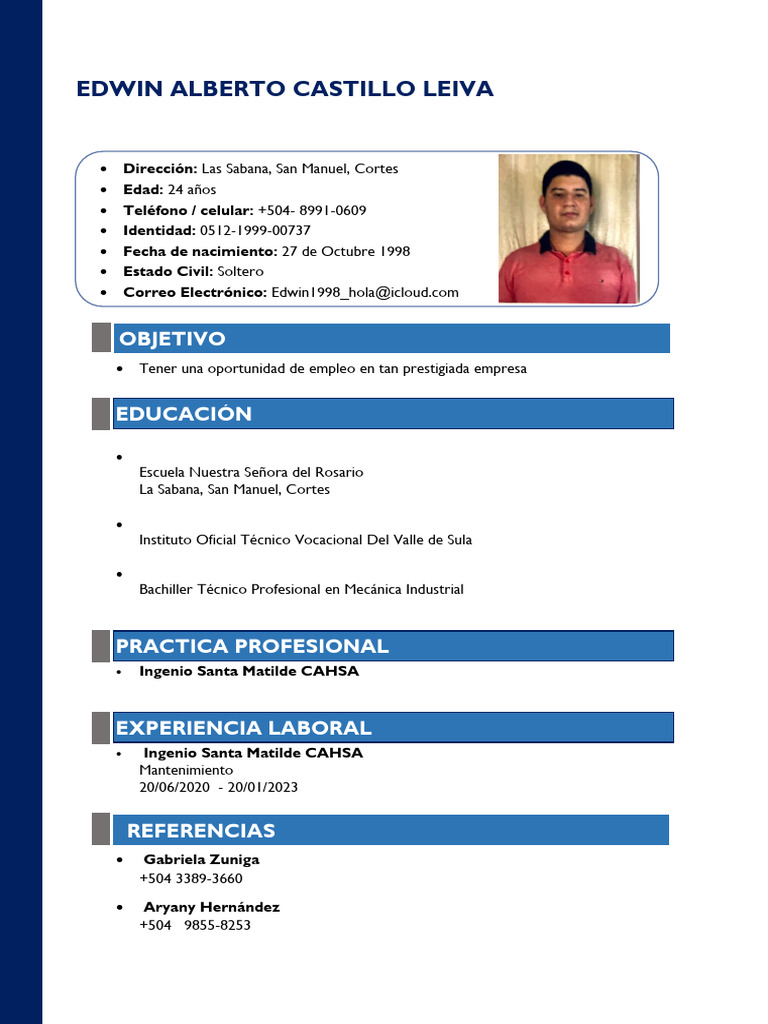 Curriculums Edwin Alberto Castillo, Mecánico Industrial | PDF