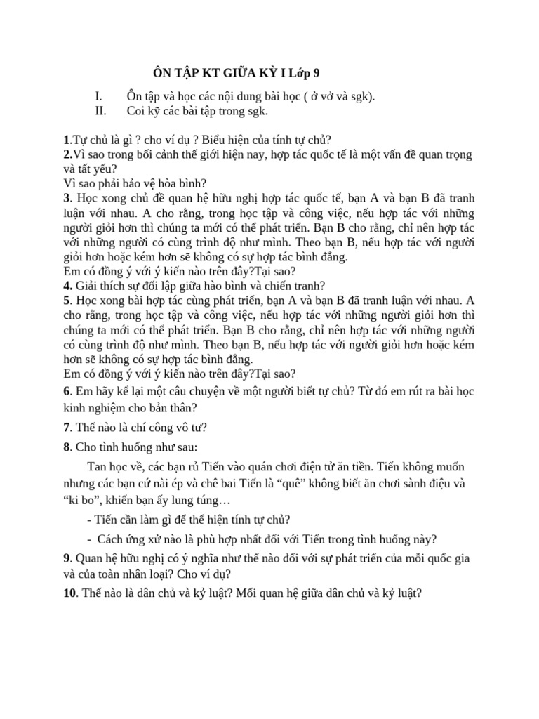 Ôn Tập Kt Gữa Kỳ I K9 | PDF