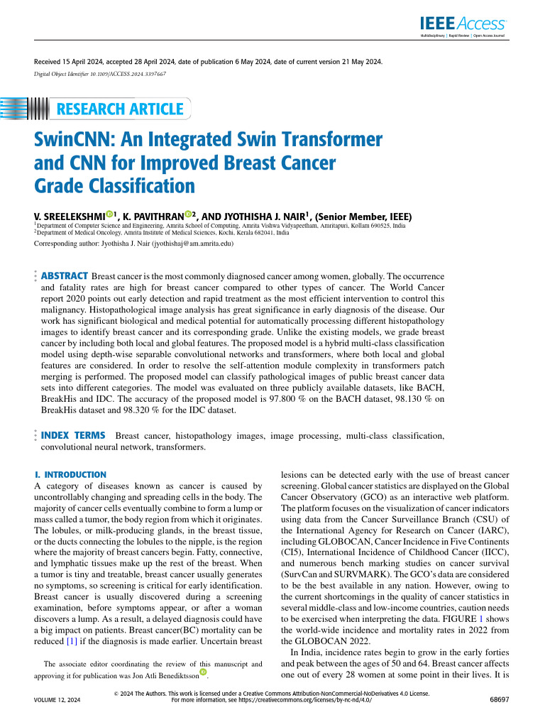 SwinCNN An Integrated Swin Transformer and CNN For Improved Breast Cancer Grade Classification ...
