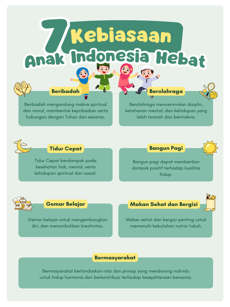 7 Kebiasaan Anak Indonesia Hebat Poster Pendidikan Hijau Ilustratif | PDF