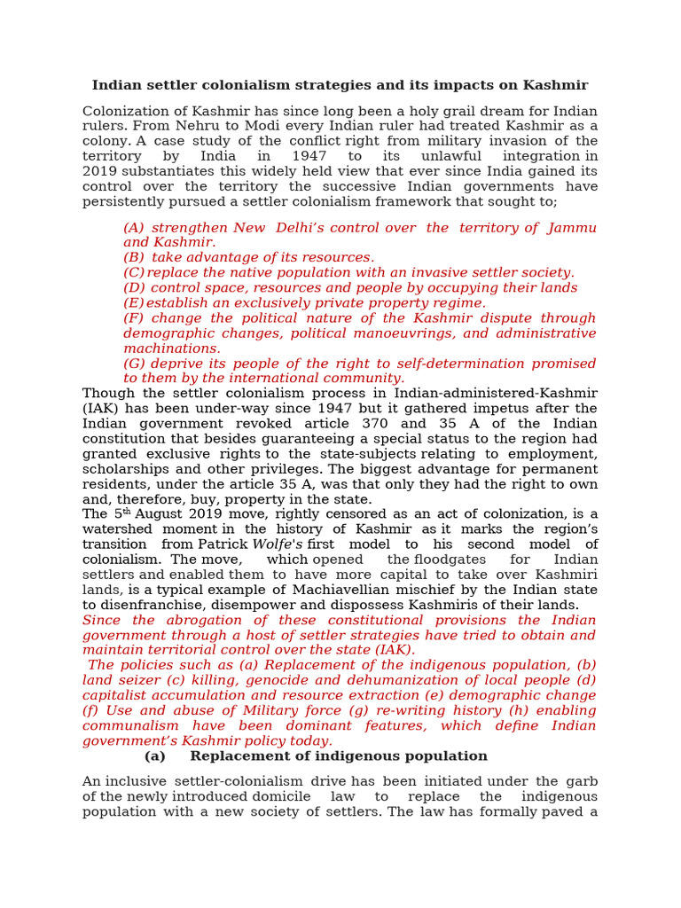 Indian Settler Colonialism-Strategies | PDF