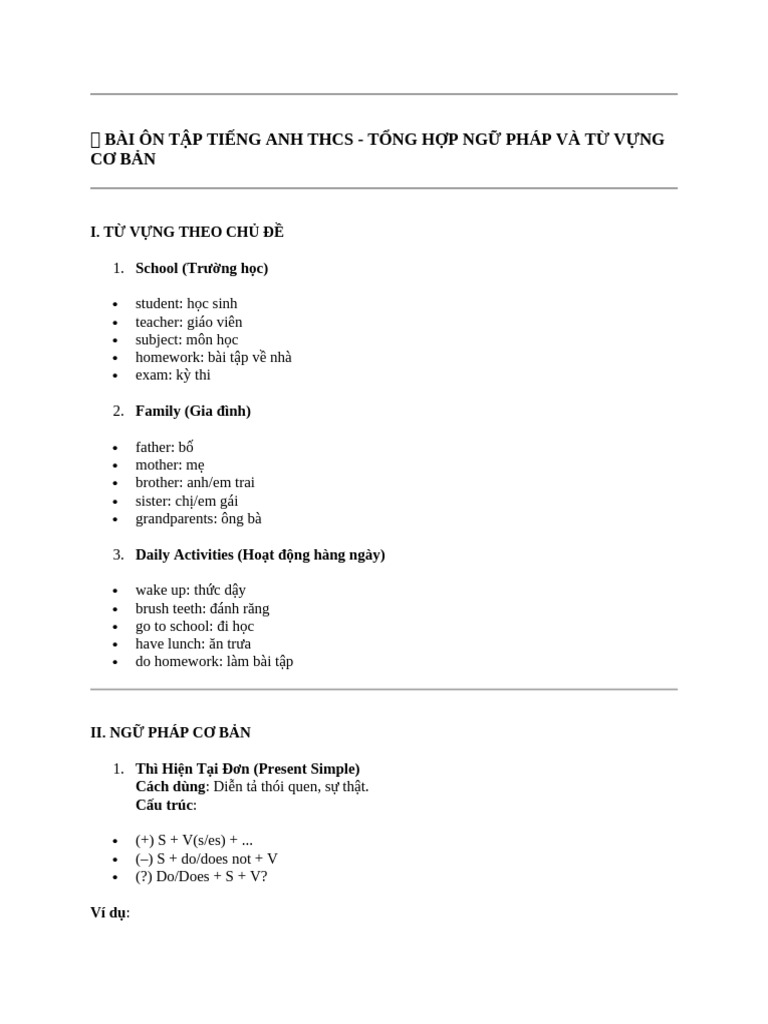 BÀI ÔN TẬP TIẾNG ANH THCS | PDF