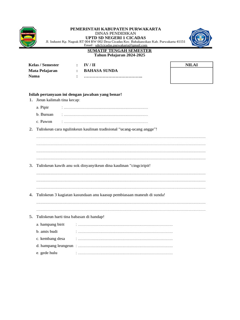 Soal Bahasa Sunda Kelas 4 Semester 2 | PDF