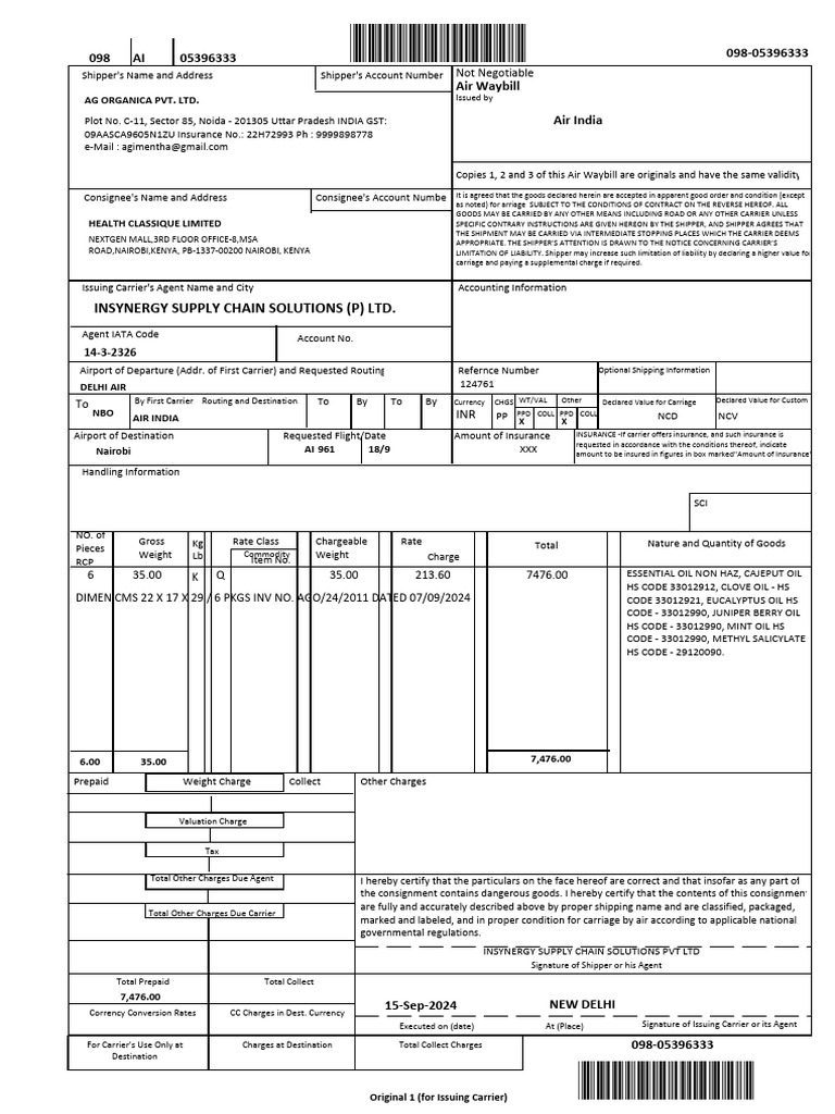 Air Waybill for Essential Oils Shipment | PDF | Cargo | Consignee