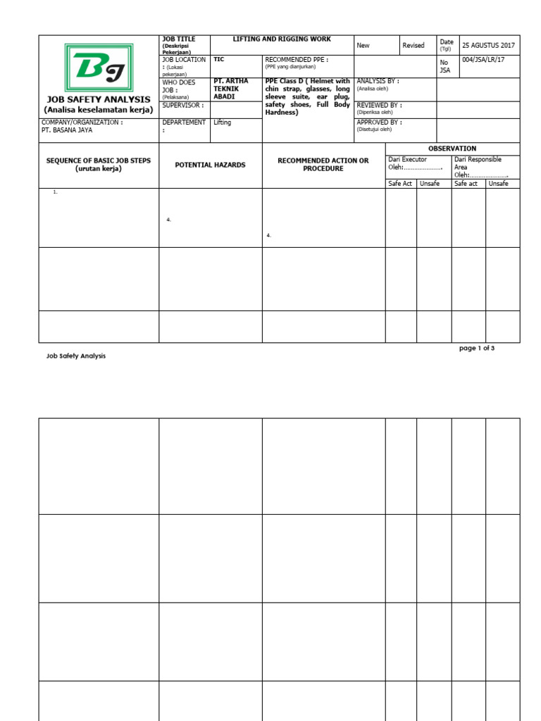 004.JSA Lifting and Rigging Work | PDF | Crane (Machine) | Personal ...