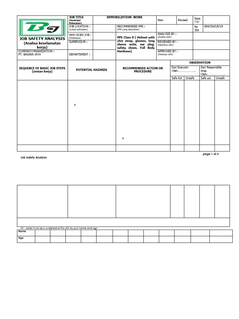 Job Safety Analysis for Demobilization Work | PDF | Personal Protective ...
