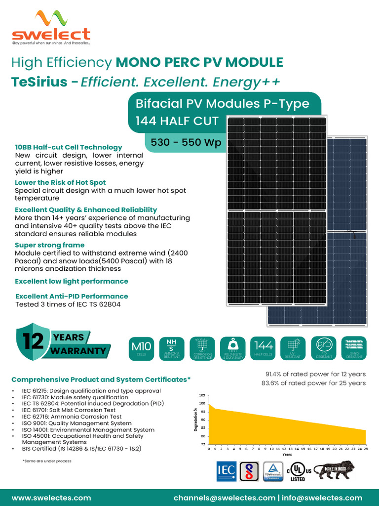 Swelect 550wp Mono Perc Bifacial Brochure | PDF | Solar Panel | Energy Conversion