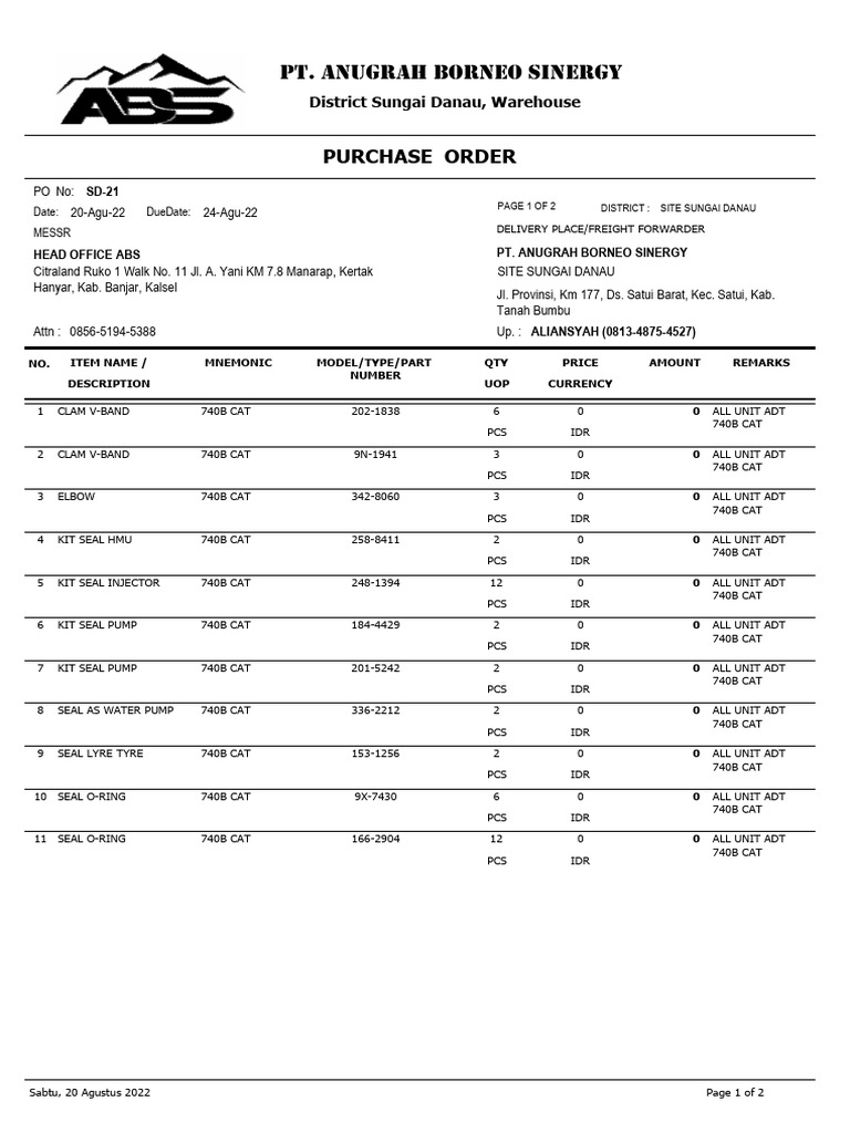 Purchase Order for 740B CAT Parts | PDF | Indonesian Rupiah | Indonesia