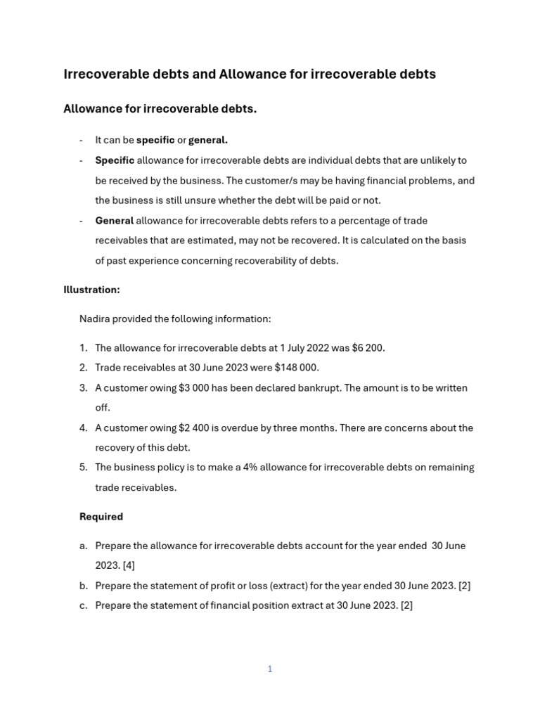 Irrecoverable Debts and Allowance Guide | PDF | Debt | Financial Economics