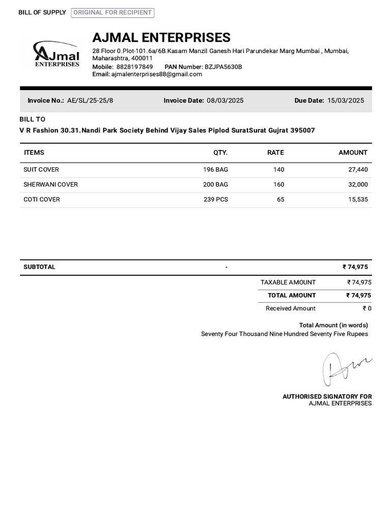 AE SL 25-25 8-Sales Invoice-V R Fashion 30.31.nandi Park Society Behind Vijay Sales Piplod ...
