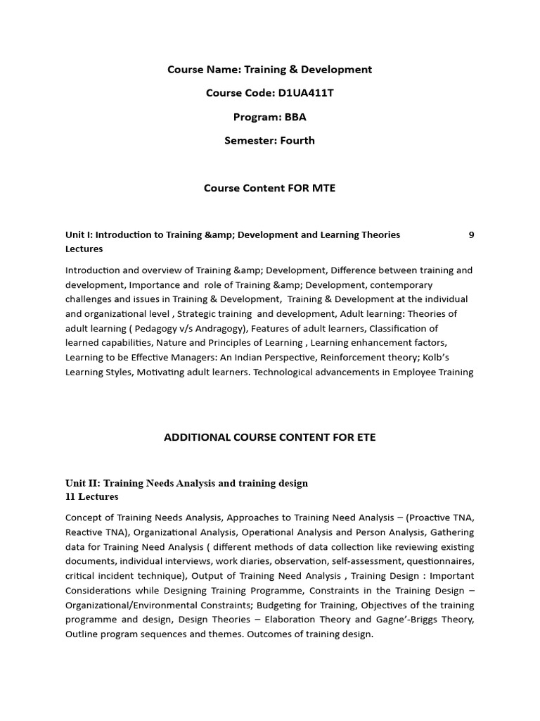 BBA IV D1UA411T Training & Development | PDF | Learning | Evaluation