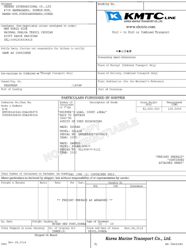 Bill of Lading: Draft | PDF
