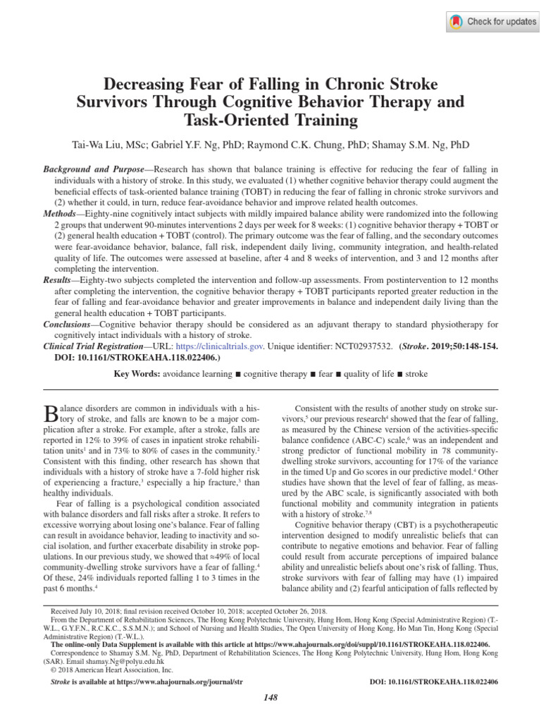 Liu Et Al 2018 Decreasing Fear of Falling in Chronic Stroke Survivors Through Cognitive Behavior ...