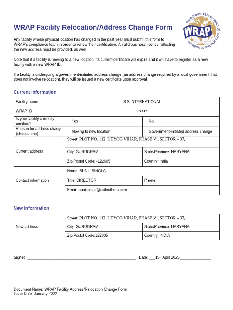 WRAP Facility Relocation Address Change Form | PDF
