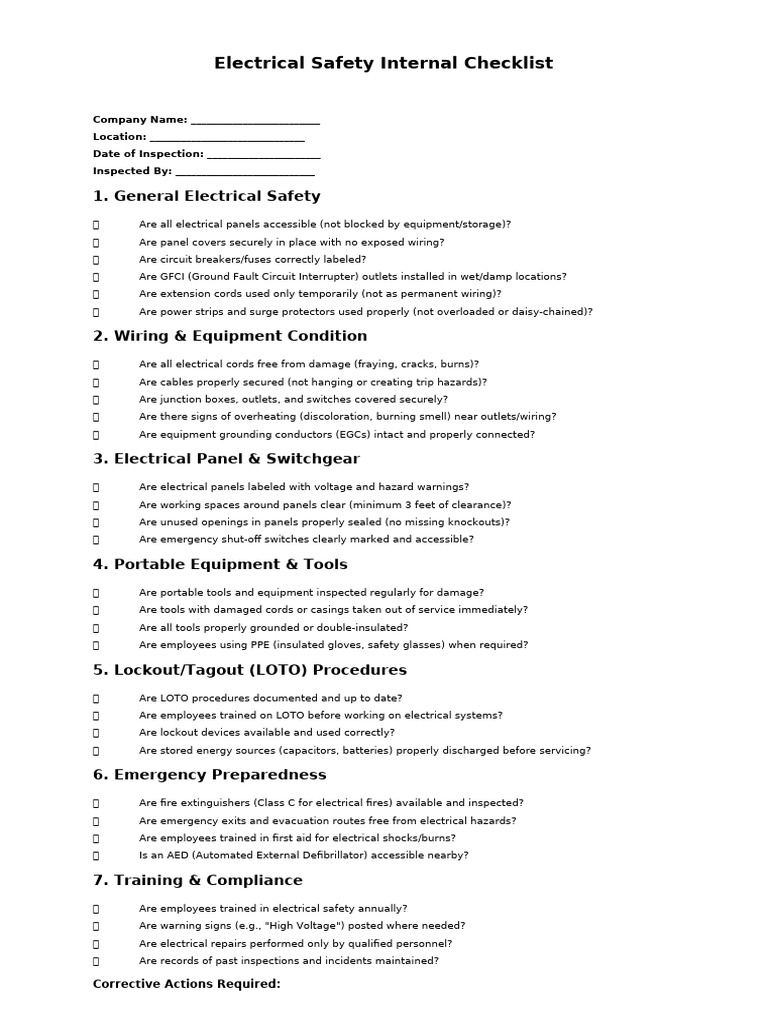 Electrical Safety Internal Checklist | PDF | Electrical Wiring | Safety