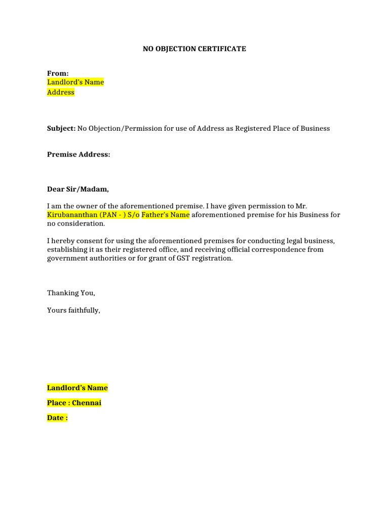 No Objection Certificate for Business Use | PDF