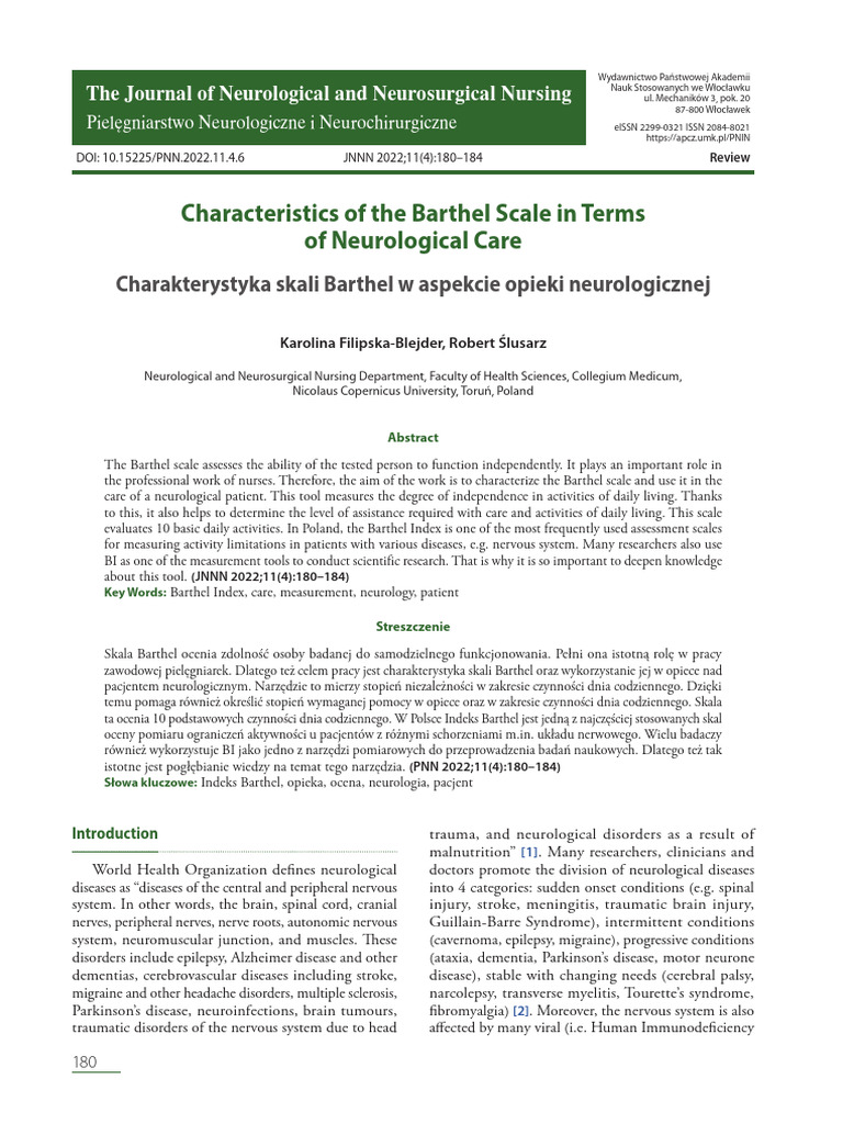 Barthel Scale in Neurological Care | PDF | Neurological Disorders ...