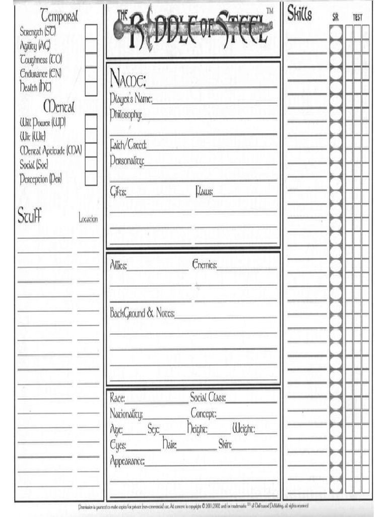 The Riddle of Steel Character Sheet | PDF