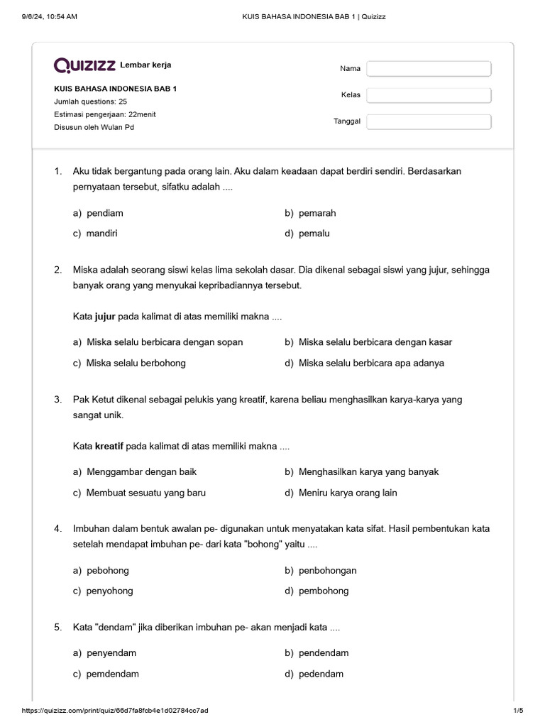 Kuis Bahasa Indonesia Bab 1 - Quizizz | PDF