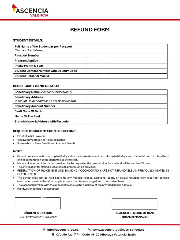 Ascencia Valencia - New Refund Form | PDF | Travel Visa | Government ...