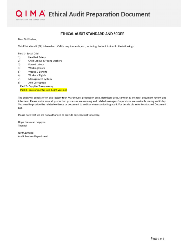 QIMA Ethical Audit Preparation Guide | PDF | Occupational Safety And ...