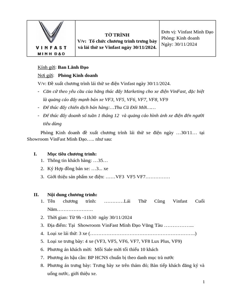 BIỂU MẪU TỜ TRÌNH LÁI THỬ XE VINFAST | PDF