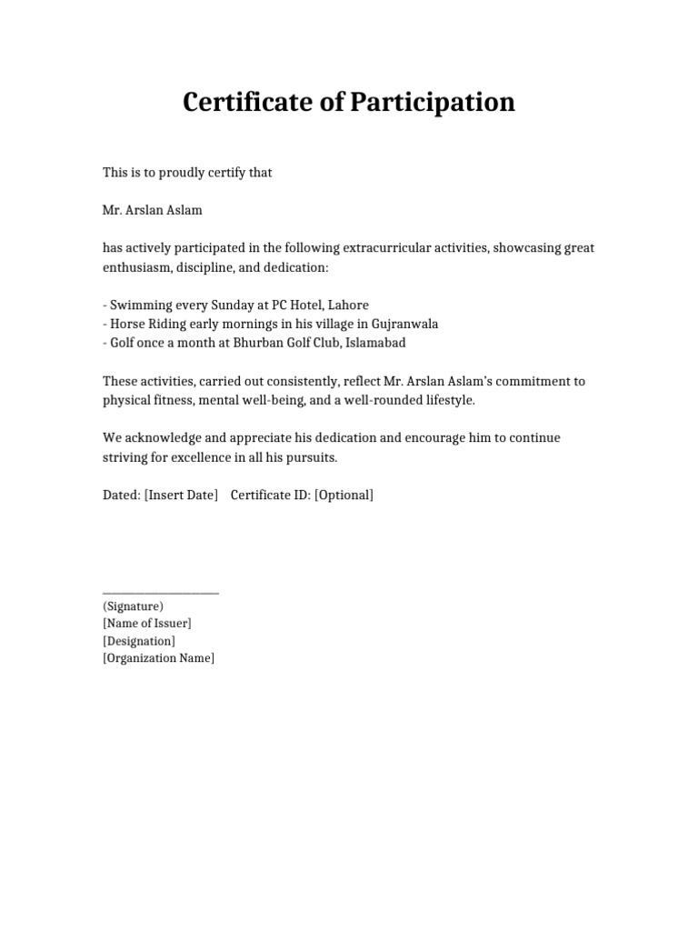 Certificate of Participation Arslan Aslam | PDF