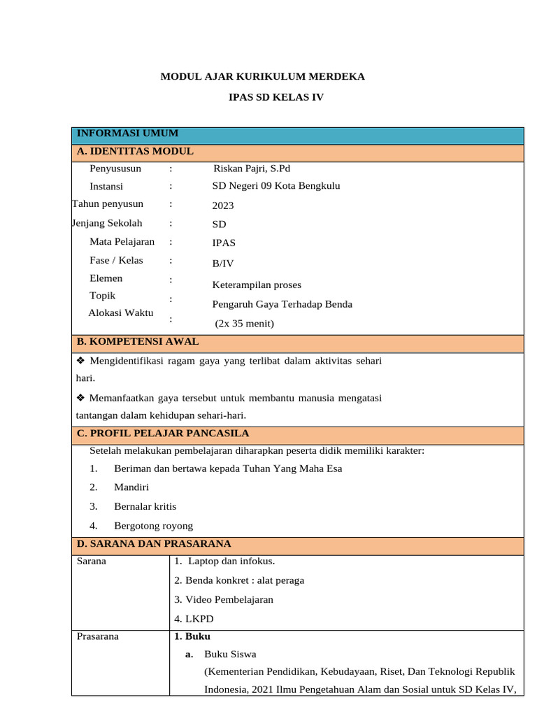 Modul Ajar Pajri Ipas Teebimbing 1 | PDF