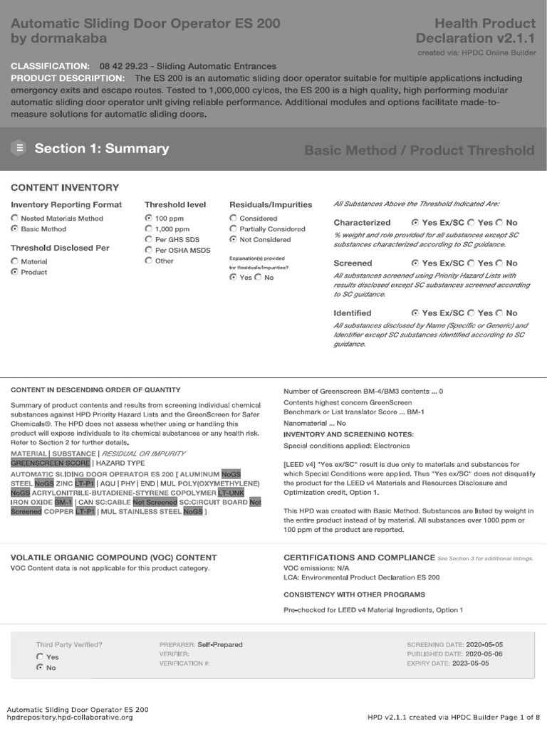 DORMA Sliding Door Health Product Declaration | PDF