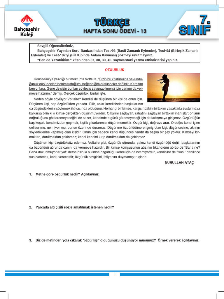 7 Sinif Turkce Hafta Sonu 13 1702618161 | PDF