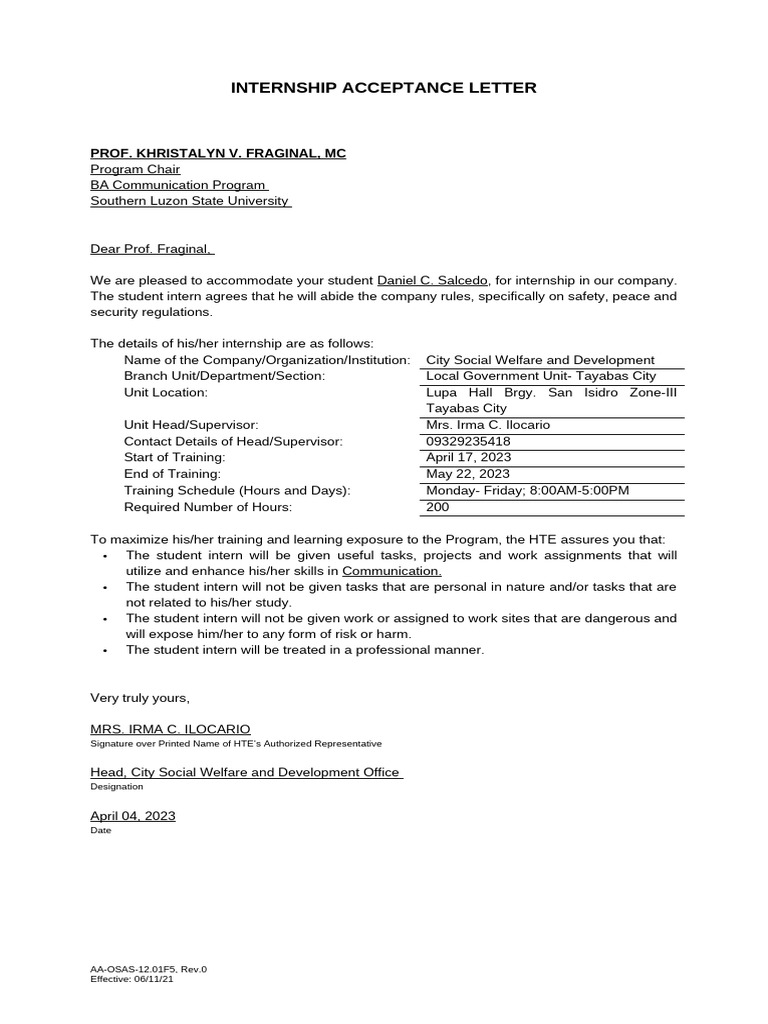 AA OSAS 12.01F5 Rev.0 Internship Acceptance Letter Company | PDF